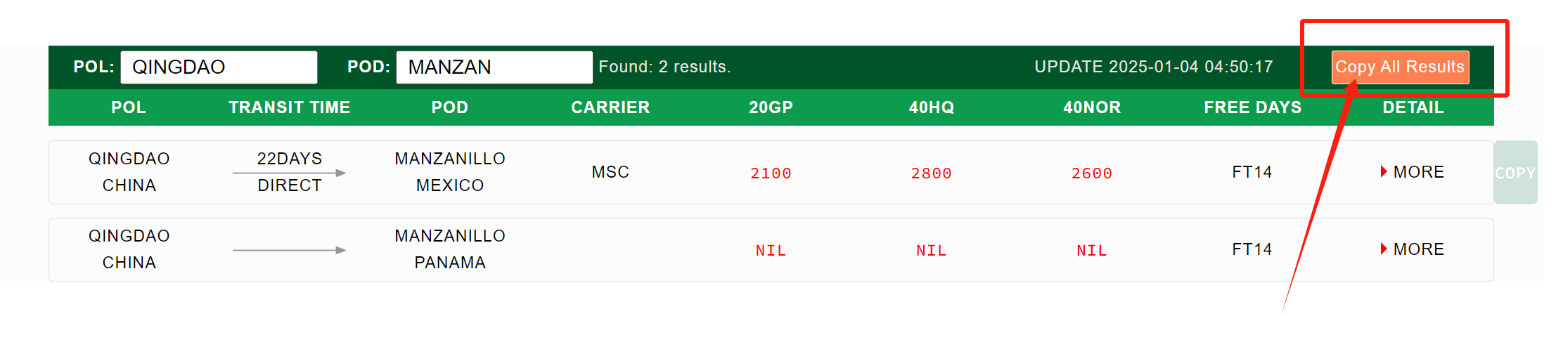 Freight inquiry method – VON SEA – freight rates